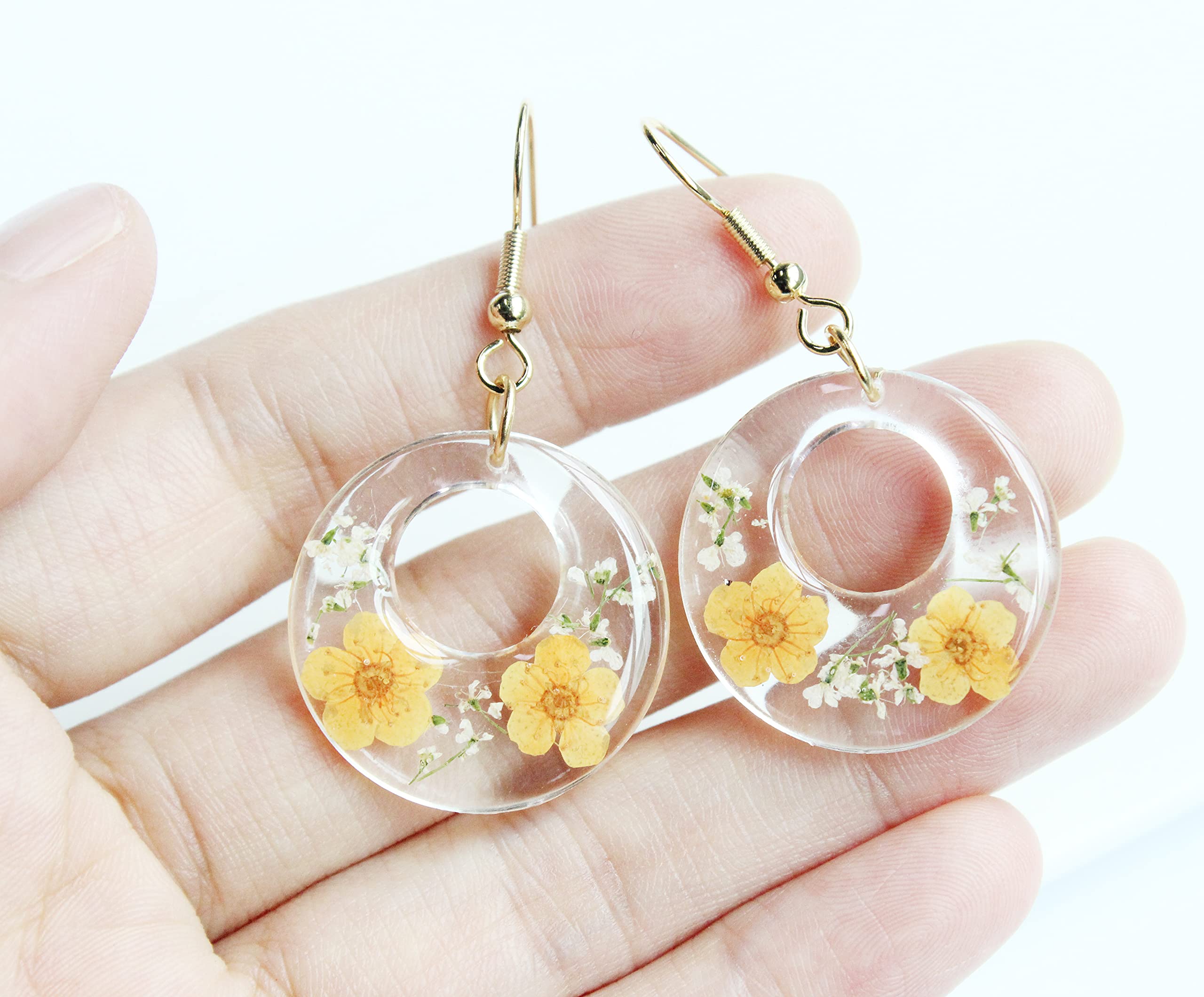 SIEASY Pressed flower Earrings, real Dried Flowers Pendant Earrings Orange Floret Gold earrings