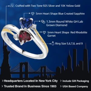 Gem Stone King 1.07 Ct Blue Created Sapphire Red Rhodolite Garnet 925 Silver and 10K Yellow Gold Lab Grown Diamond 2 Heart Promise Couple Engagement Mother Ring (Size 5)