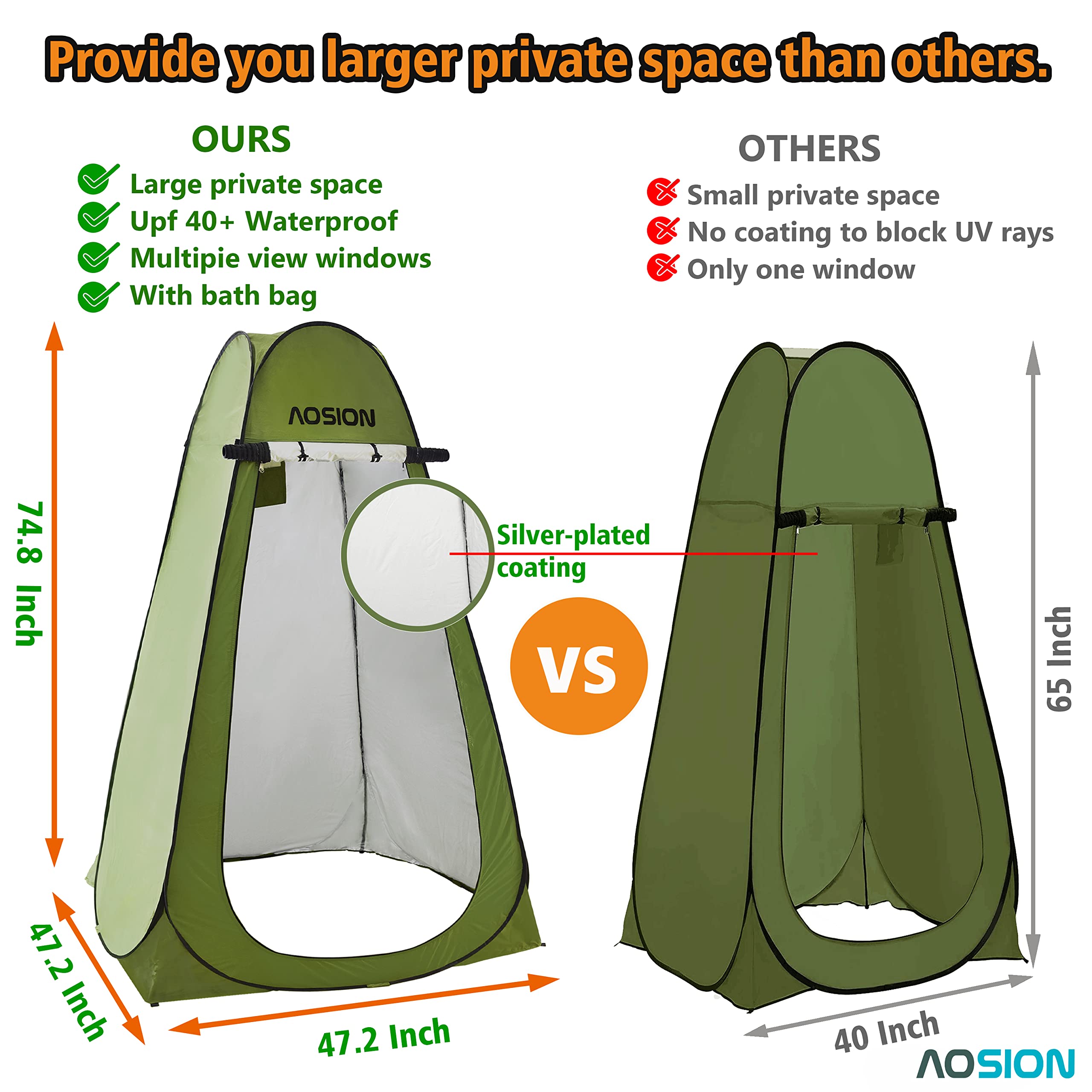 AOSION Privacy Shower Tent,Pop Up Changing Tent,Camp Bathroom Changing Dressing Room,Portable Toilet Tent with Carry Bag for Camping, Beach, Green.