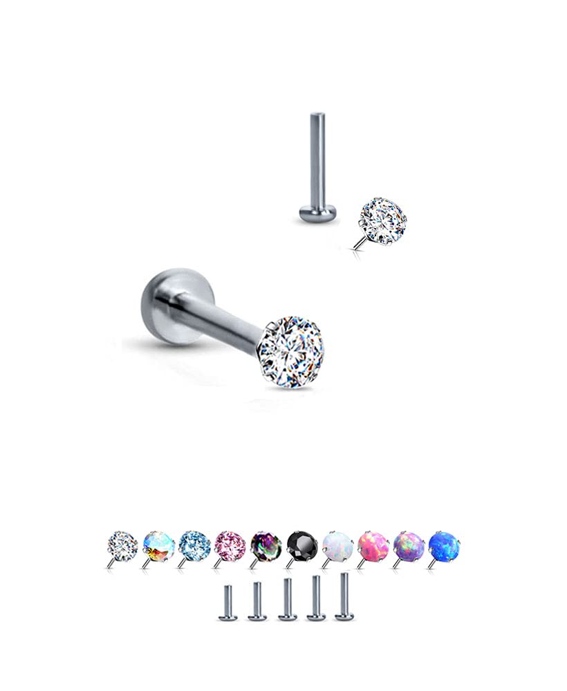 Titanium Labret Monroe Ear Cartilage Threadless Push Pin Nose Stud 2mm Black Prong Set CZ 9/32" (7mm) Post 18G