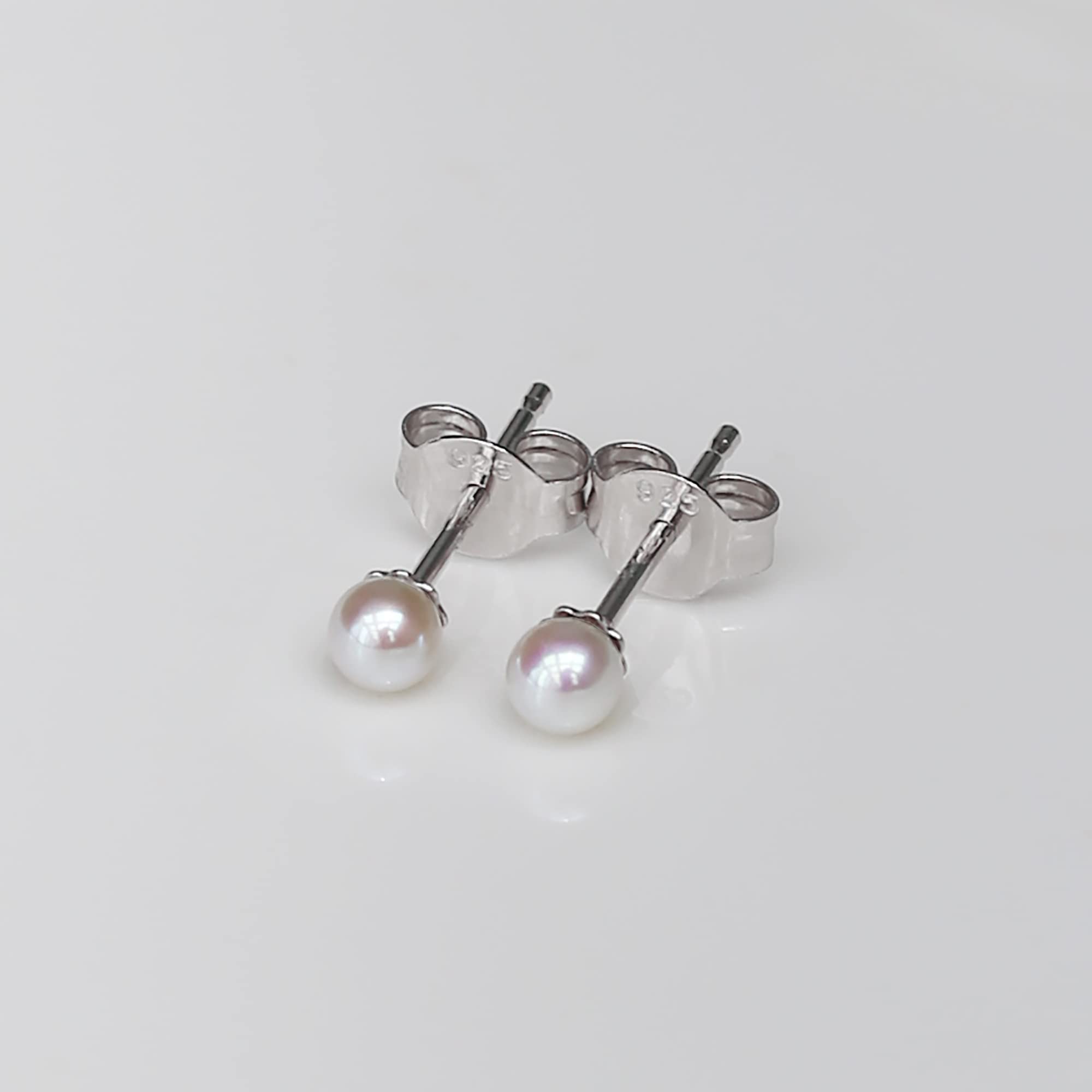 LUCKMORA Small Pearl Earrings for Women 925 Sterling Silver Genuine 3mm Tiny Pearl Studs Earrings for 2nd hole Mini Freshwater Cultured White Real Round Pearls (1 Pair)