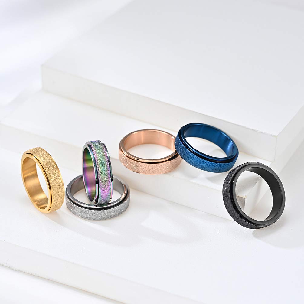 WOYNJI Stainless Steel Spinner Ring for Women Men Sand Blast Finish Gay and Lesbian LGBT Pride Wedding Band 6MM Rainbow Size 13