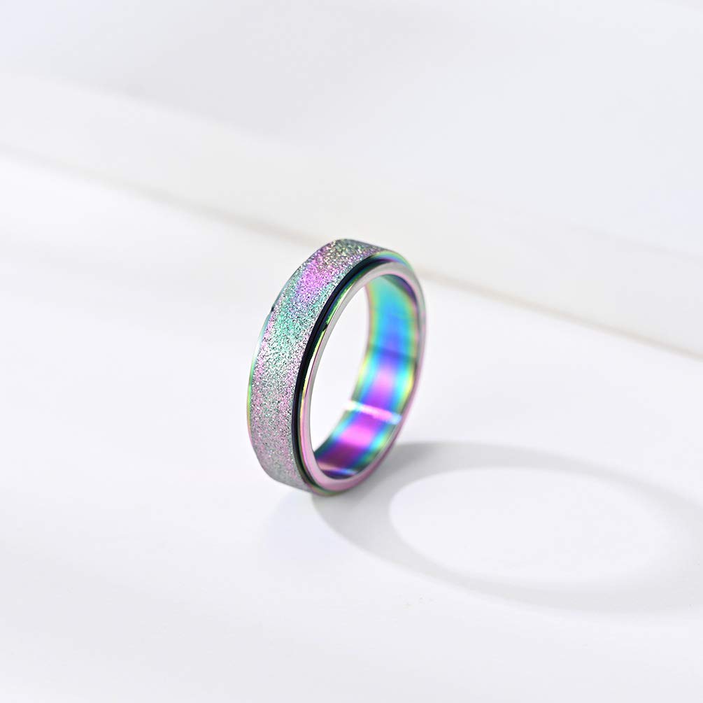 WOYNJI Stainless Steel Spinner Ring for Women Men Sand Blast Finish Gay and Lesbian LGBT Pride Wedding Band 6MM Rainbow Size 13