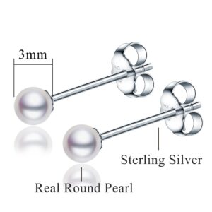 LUCKMORA Small Pearl Earrings for Women 925 Sterling Silver Genuine 3mm Tiny Pearl Studs Earrings for 2nd hole Mini Freshwater Cultured White Real Round Pearls (1 Pair)