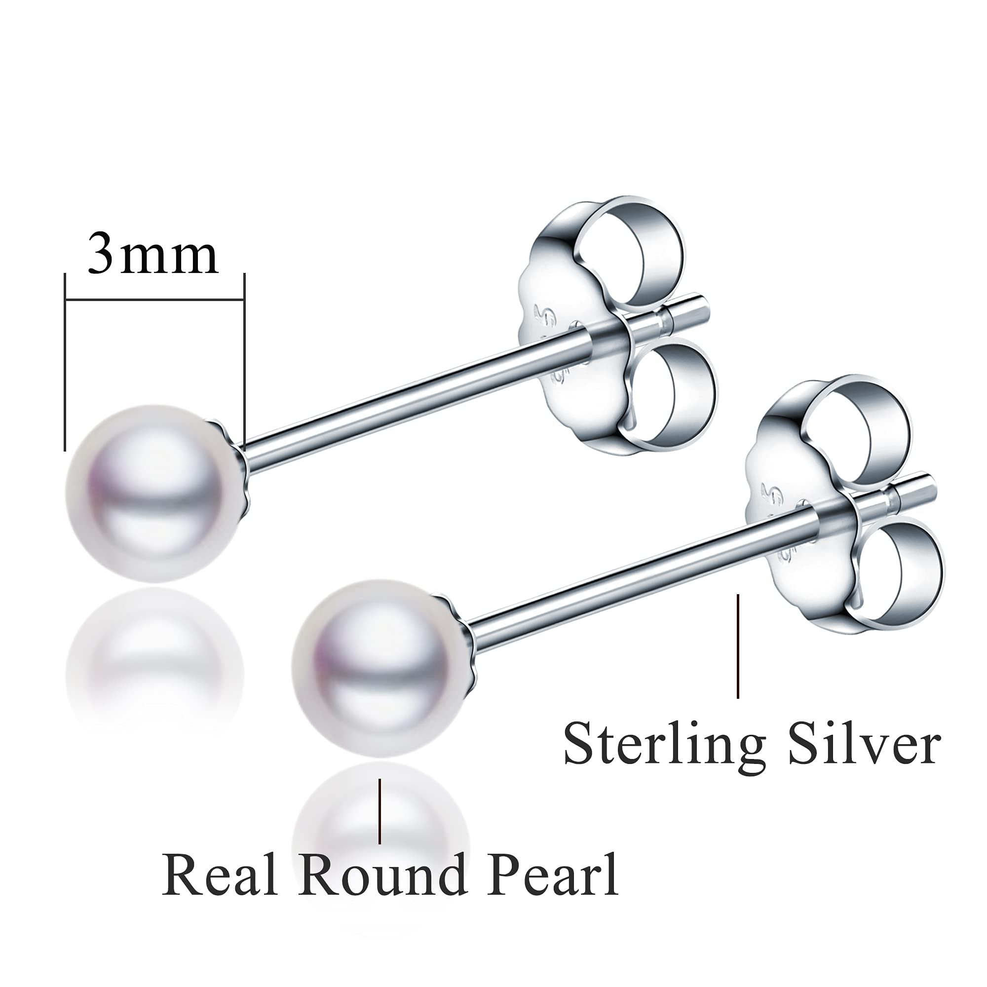 LUCKMORA Small Pearl Earrings for Women 925 Sterling Silver Genuine 3mm Tiny Pearl Studs Earrings for 2nd hole Mini Freshwater Cultured White Real Round Pearls (1 Pair)