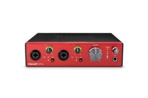 focusrite clarett+ 2pre usb-c bus-powered audio interface for music production, with two professional quality pre-amps and powerful and transparent headphone outputs/instrument inputs