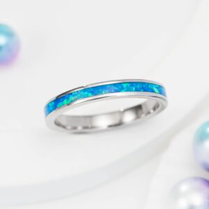 Aloha Jewelry Company 925 Sterling Silver 3mm Opal Stackable Wedding Ring Eternity Band, Blue White Opal, Rhodium Plated, Hypoallergenic for Sensitive Skin, Gift Box Included (3mm Blue Opal, 8)