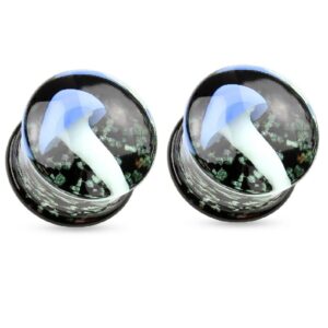 pierced owl floating glowing mushroom encased pyrex glass saddle plugs, sold as a pair (8mm (0ga))