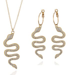 balirek snake earring & necklace 14k gold plated dangle earrings personalized punk animal hypoallergenic fashion rhinestone ear jewelry set for women