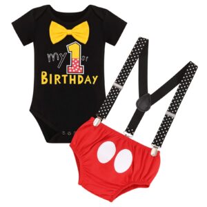 ibtom castle baby boys one year old birthday cake smash outfit romper bloomers suspenders 3pcs photo props funny first birthday clothes set black-my 1st birthday 12-18 months