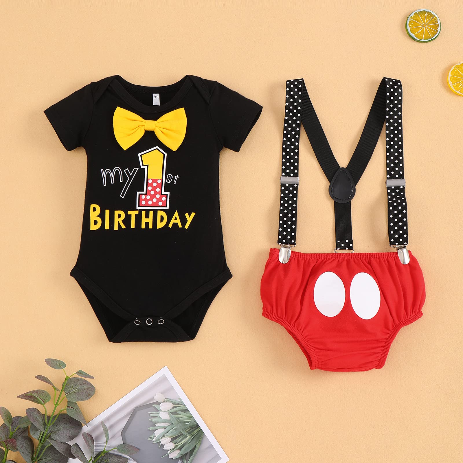 IBTOM CASTLE Baby Boys One Year Old Birthday Cake Smash Outfit Romper Bloomers Suspenders 3PCS Photo Props Funny First Birthday Clothes Set Black-My 1st Birthday 12-18 Months