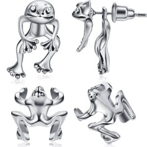 4 pieces frog earrings for women 3d frog earrings two way silver frog earrings vintage stud cute frog dangle earrings retro detachable ear dangler ear stud for anniversary birthday valentines