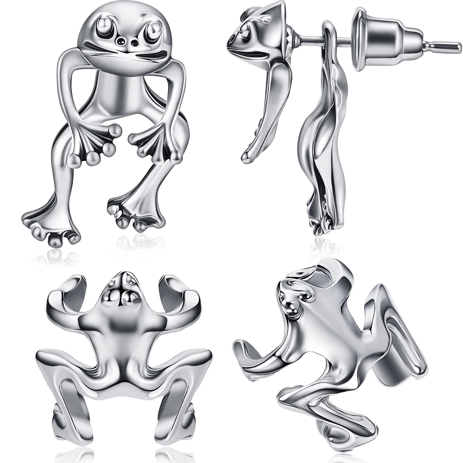 4 Pieces Frog Earrings for Women 3D Frog Earrings Two Way Silver Frog Earrings Vintage Stud Cute Frog Dangle Earrings Retro Detachable Ear Dangler Ear Stud for Anniversary Birthday Valentines