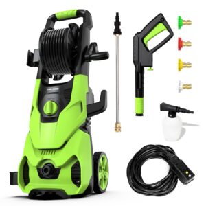 rock&rocker powerful electric pressure washer, 2150psi max 2.6 gpm power washer with hose reel, 4 quick connect nozzles, soap tank, ipx5 car wash machine/car/driveway/patio clean, green