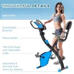 Soozier Folding Exercise Bike, 3-in-1 Recumbent Exercise Bike, Upright Workout Bike & Arm Resistance Bands, Adjustable Seat, 8-Level Magnetic Resistance, Blue