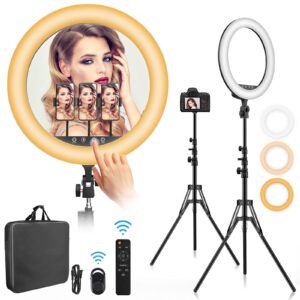 ring light 18 inch with tripod stand, 55w 5700k dimmable selfie led ring light with 73" tripod stand and 3 phone holder, circle light for make up, youtube, video shooting, live stream, vlog, cri > 95