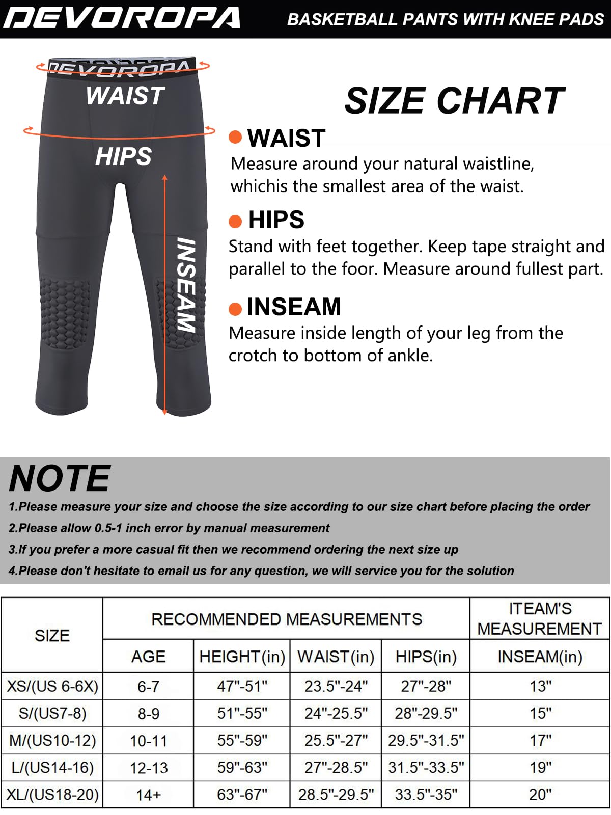 DEVOROPA Youth Boys' Compression Pants with Knee Pads 3/4 Basketball Athletic Tights Quick Dry Sports Workout Leggings Royal XL