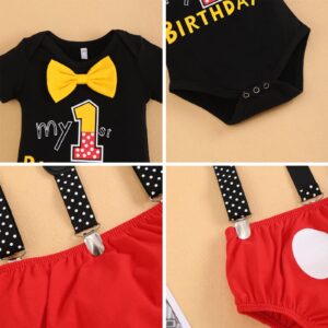 IBTOM CASTLE Baby Boys One Year Old Birthday Cake Smash Outfit Romper Bloomers Suspenders 3PCS Photo Props Funny First Birthday Clothes Set Black-My 1st Birthday 12-18 Months