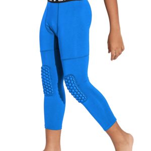 DEVOROPA Youth Boys' Compression Pants with Knee Pads 3/4 Basketball Athletic Tights Quick Dry Sports Workout Leggings Royal XL