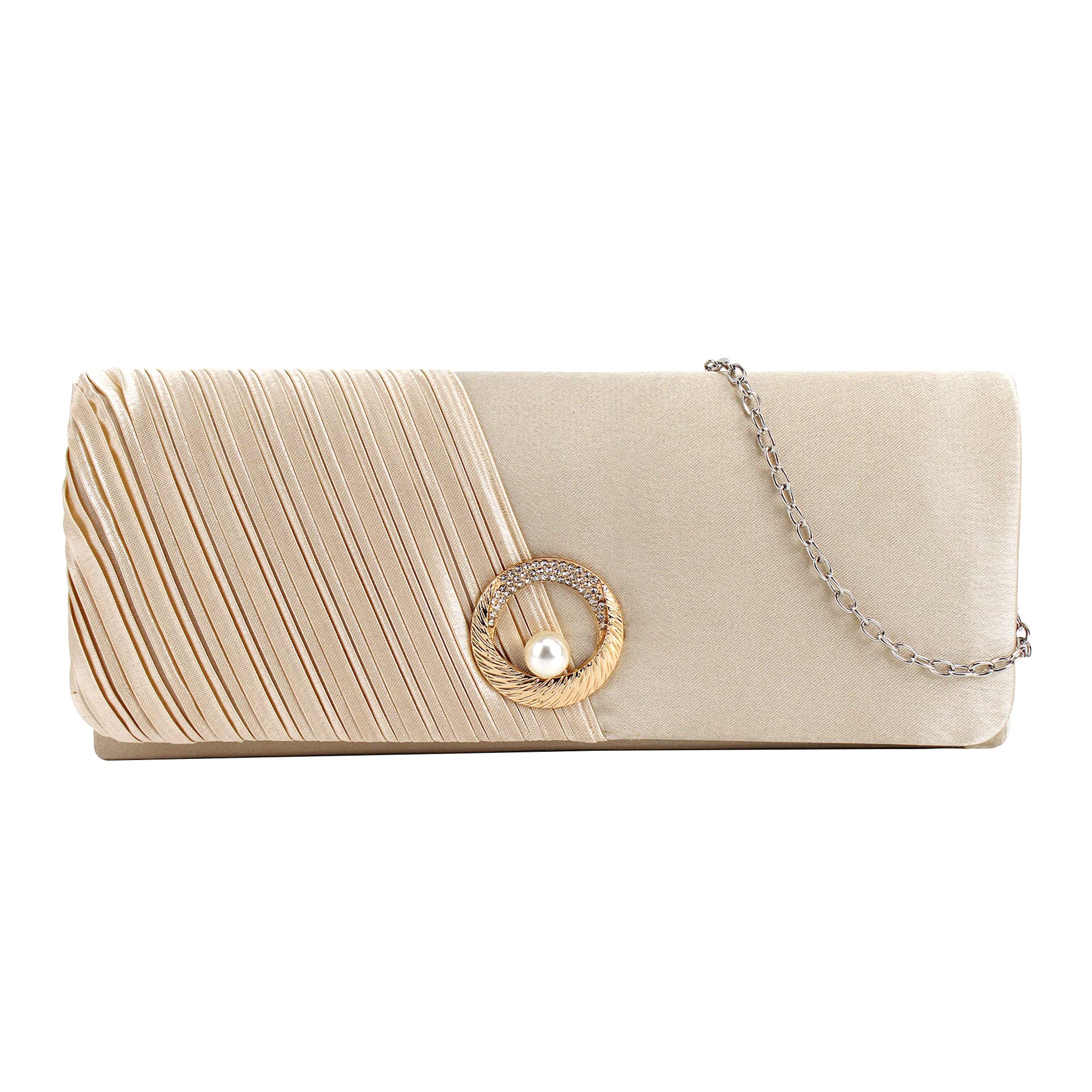 Reberomantic Women Satin Evening Bag Pearl Clutch Purses for Wedding Party Formal Crossbody Bag (Beige)