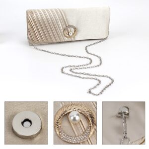 Reberomantic Women Satin Evening Bag Pearl Clutch Purses for Wedding Party Formal Crossbody Bag (Beige)