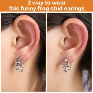 4 Pieces Frog Earrings for Women 3D Frog Earrings Two Way Silver Frog Earrings Vintage Stud Cute Frog Dangle Earrings Retro Detachable Ear Dangler Ear Stud for Anniversary Birthday Valentines