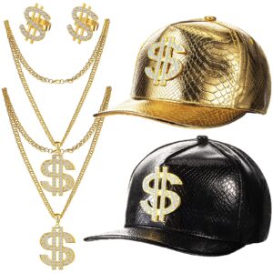 zhanmai 6pcs 80s 90s hip hop costume outfit for men money hat rapper accessories fake gold dollar chain necklace ring(gold, black, white)