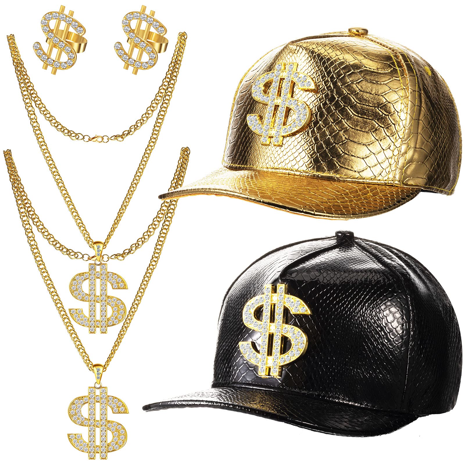 Zhanmai 6pcs 80s 90s Hip Hop Costume Outfit for Men Money Hat Rapper Accessories Fake Gold Dollar Chain Necklace Ring(Gold, Black, White)