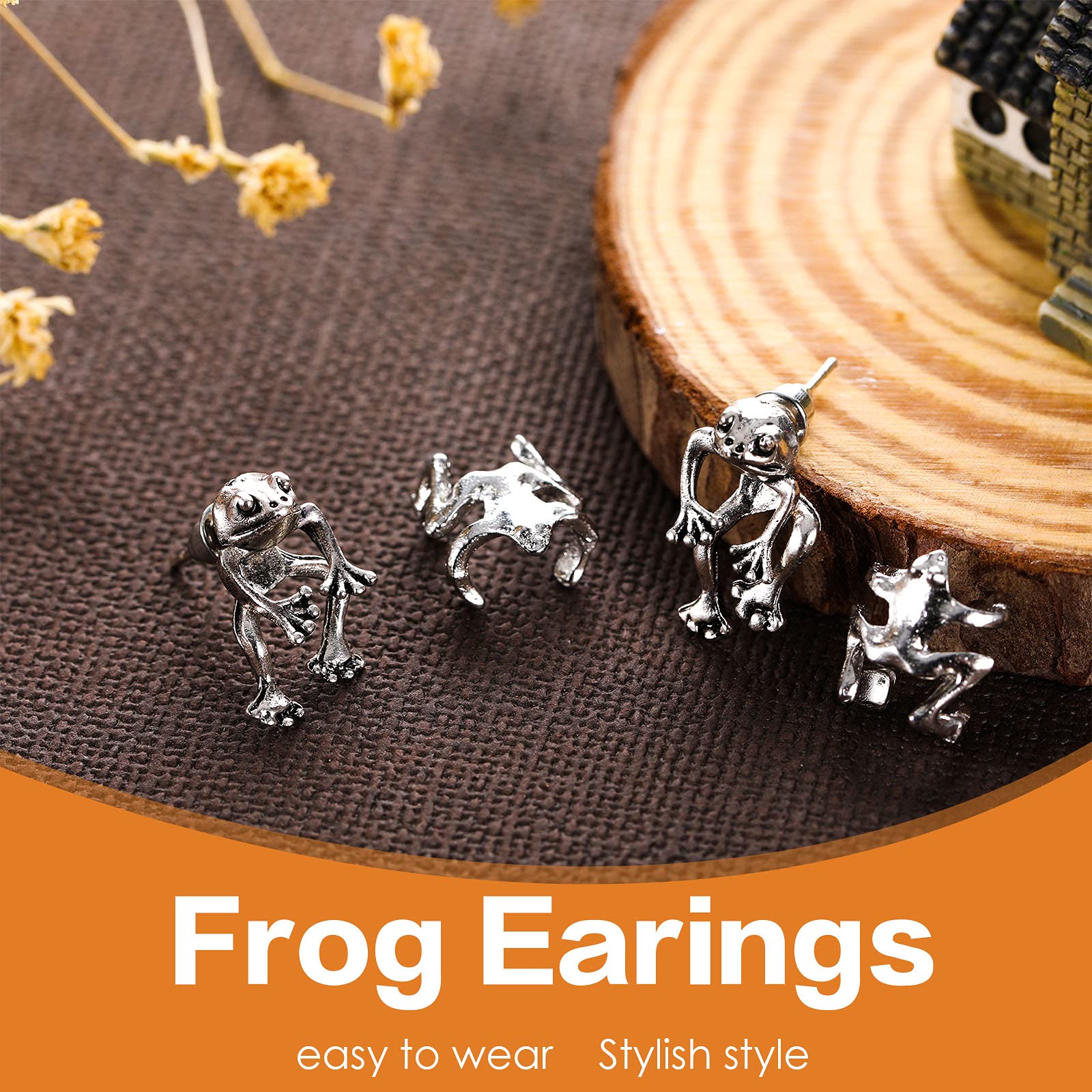 4 Pieces Frog Earrings for Women 3D Frog Earrings Two Way Silver Frog Earrings Vintage Stud Cute Frog Dangle Earrings Retro Detachable Ear Dangler Ear Stud for Anniversary Birthday Valentines