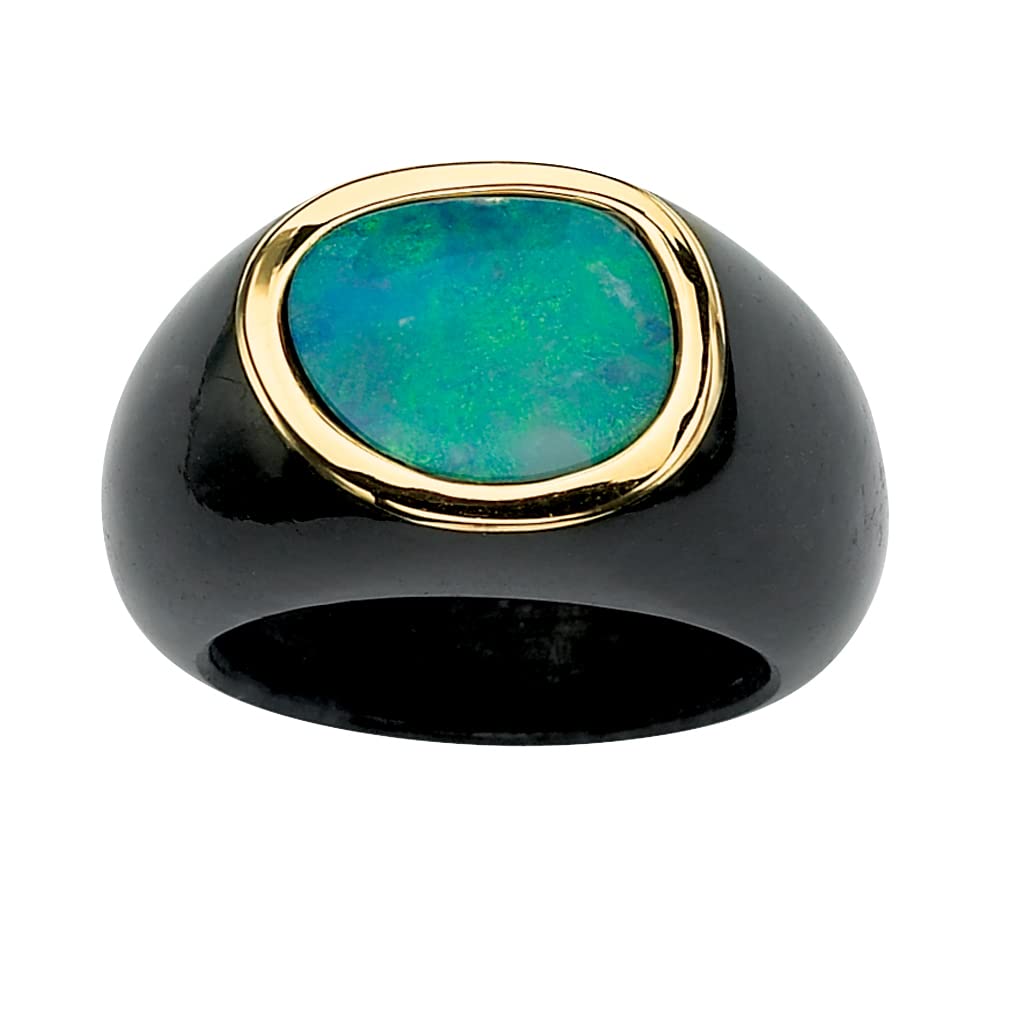 PalmBeach 10K Yellow Gold Oval Shaped Genuine Blue Opal and Genuine Black Jade Cabochon Ring Sizes 6-10 Size 8