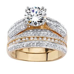 palmbeach yellow gold-plated or platinum-plated sterling silver round cubic zirconia 2 piece bridal ring set size 6