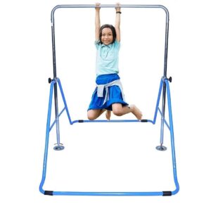 Gymnastics Training Bar for Kids Home Expandable Folding Kip Bar 4 in 1 Set with Swing Seat, 2 Trapeze Rings | Horizontal Bar Junior Gymnastic Equipment Height Adjustable Monkey Bars Jungle Gym Blue