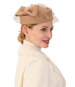 oridoor british style pillbox hat women church wedding winter vintage fascinator beret 100% wool felt hat with veil (001 khaki) …