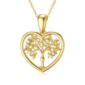 ayafee 14k solid yellow gold tree of life necklace dainty pendant necklace with moissanite, heart necklace in 18 inch for women