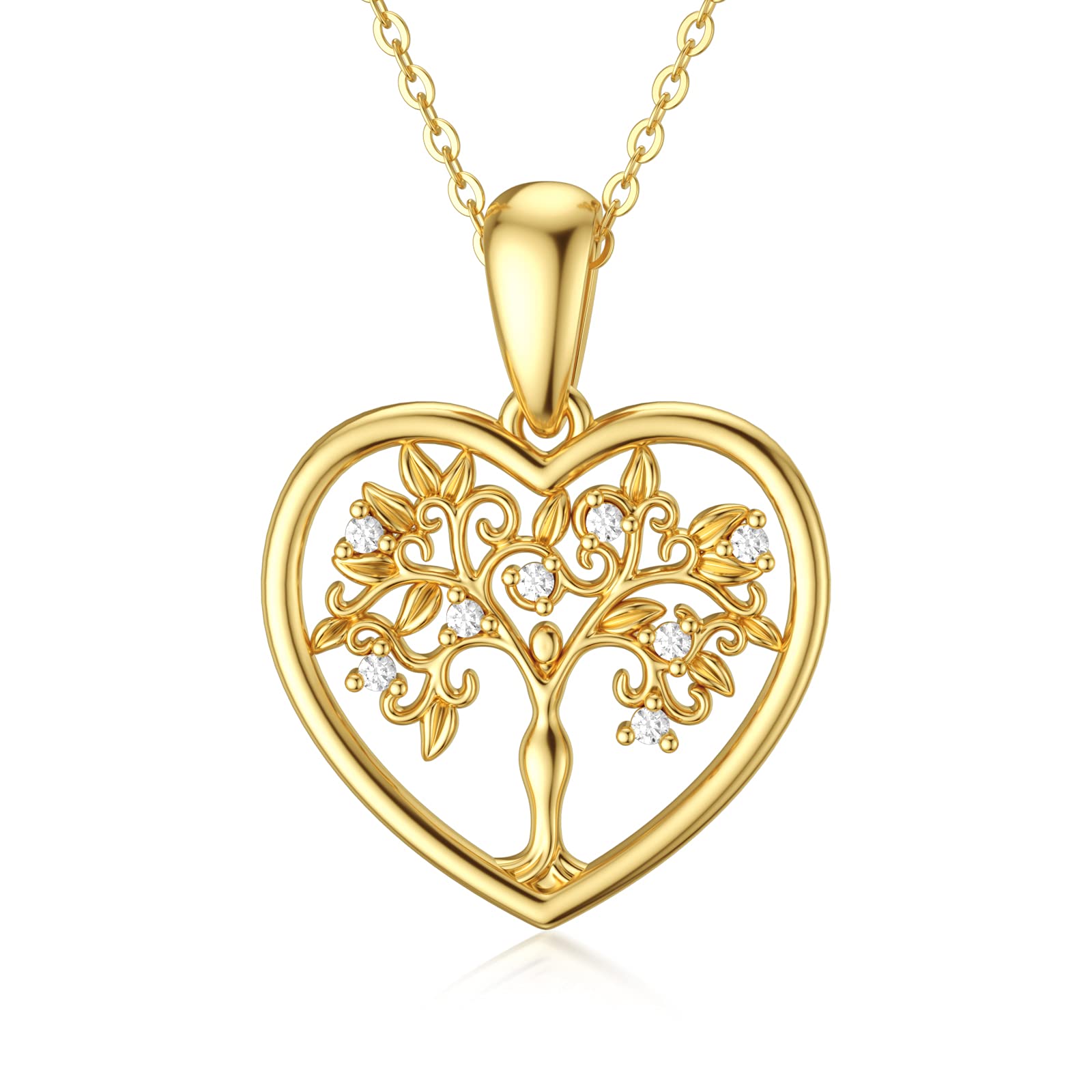 Ayafee 14K Solid Yellow Gold Tree of Life Necklace Dainty Pendant Necklace with Moissanite, Heart Necklace in 18 Inch for Women