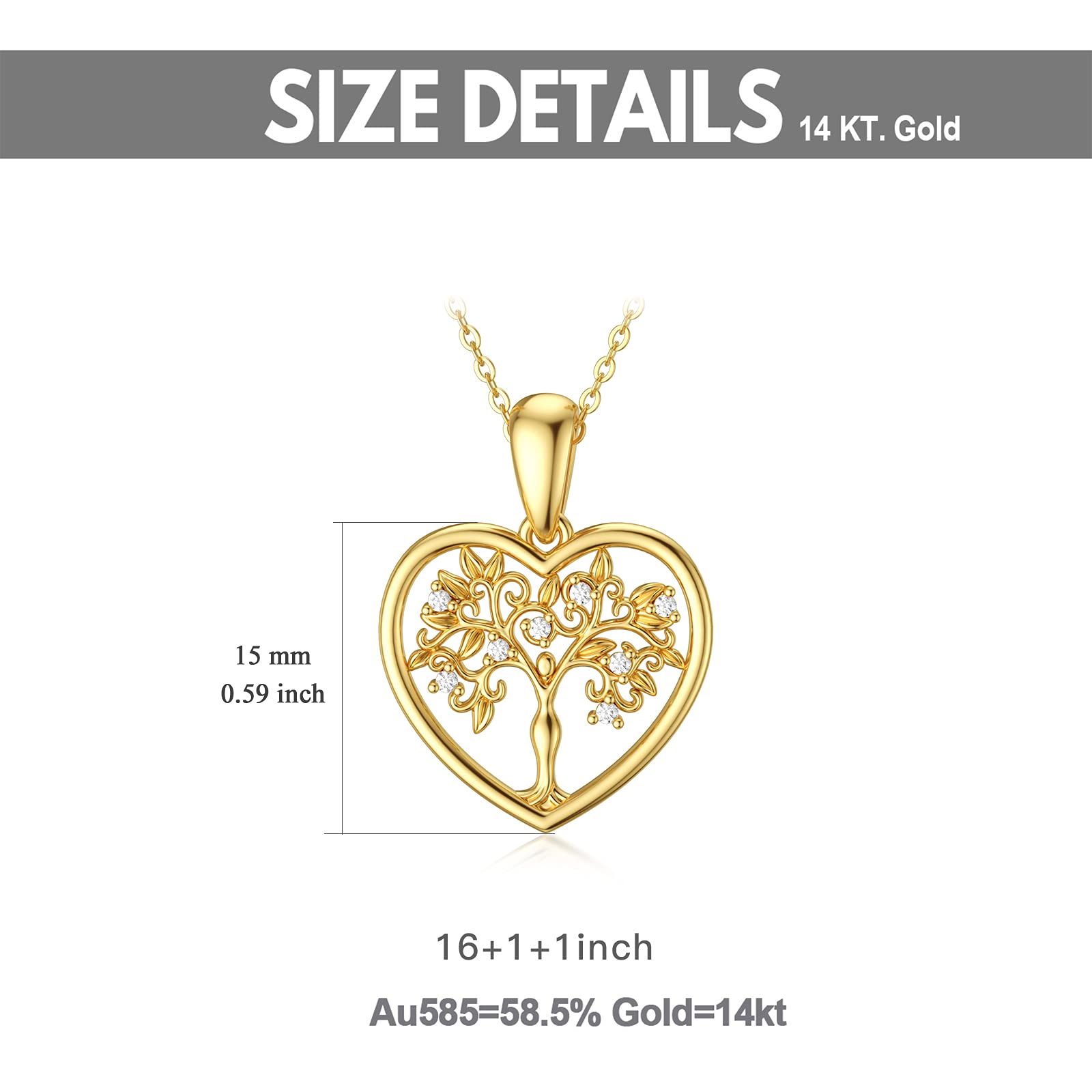 Ayafee 14K Solid Yellow Gold Tree of Life Necklace Dainty Pendant Necklace with Moissanite, Heart Necklace in 18 Inch for Women