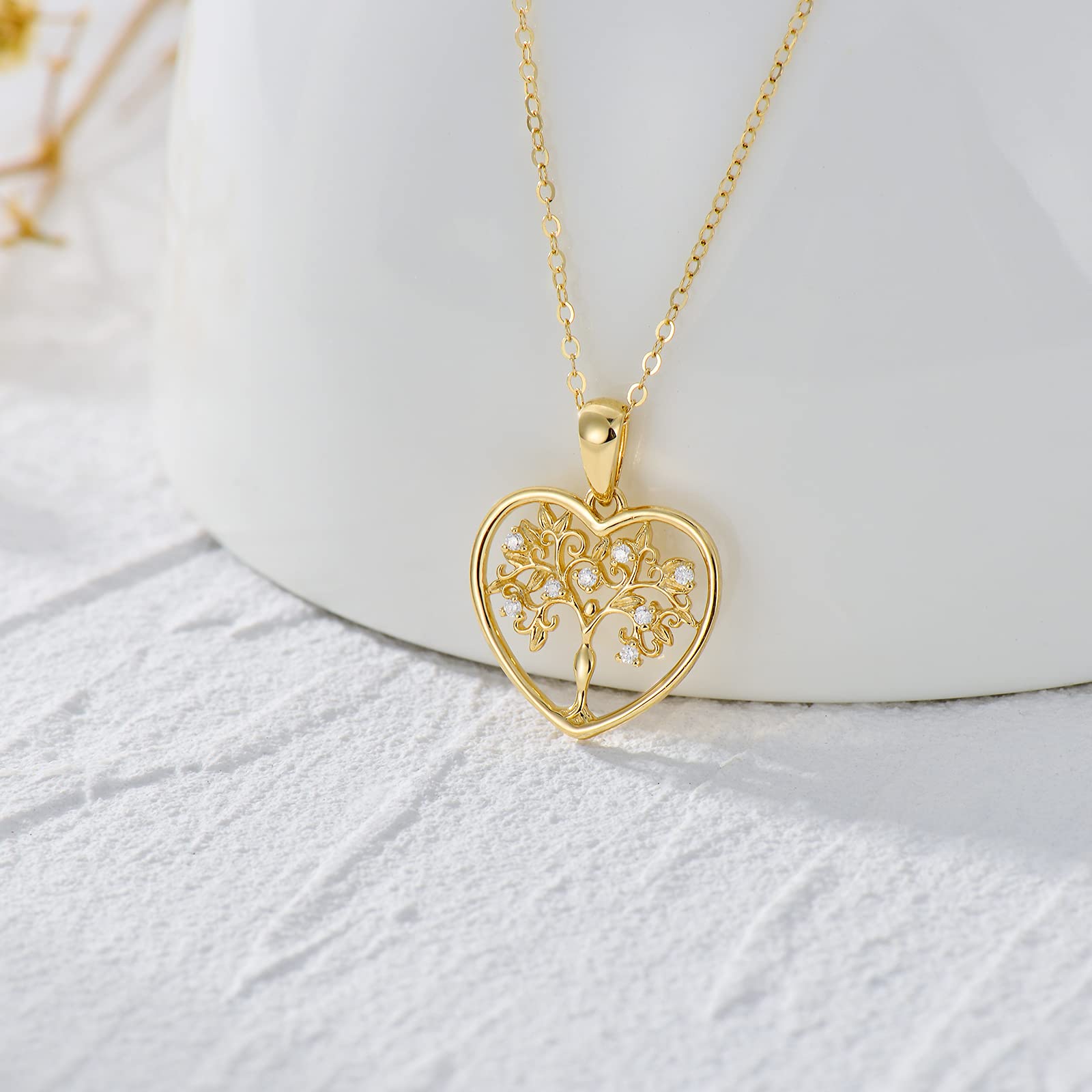 Ayafee 14K Solid Yellow Gold Tree of Life Necklace Dainty Pendant Necklace with Moissanite, Heart Necklace in 18 Inch for Women