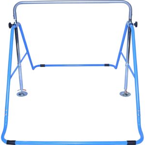 Gymnastics Training Bar for Kids Home Expandable Folding Kip Bar 4 in 1 Set with Swing Seat, 2 Trapeze Rings | Horizontal Bar Junior Gymnastic Equipment Height Adjustable Monkey Bars Jungle Gym Blue