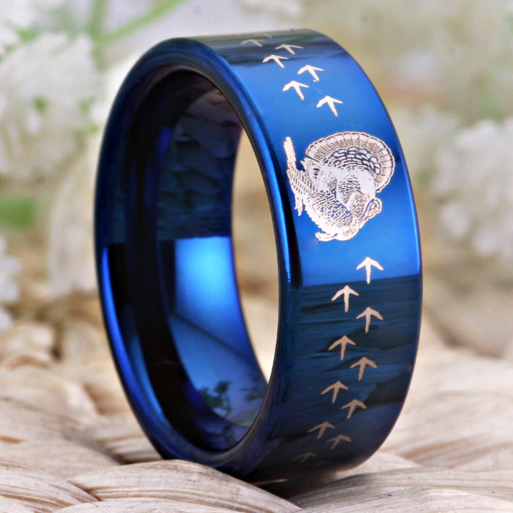 CLOUD DANCER Turkey and Tracks Design Rings 8MM Width Pipe Tungsten Carbide Rings for Wedding-Free Engraving Inside (Blue, 12)