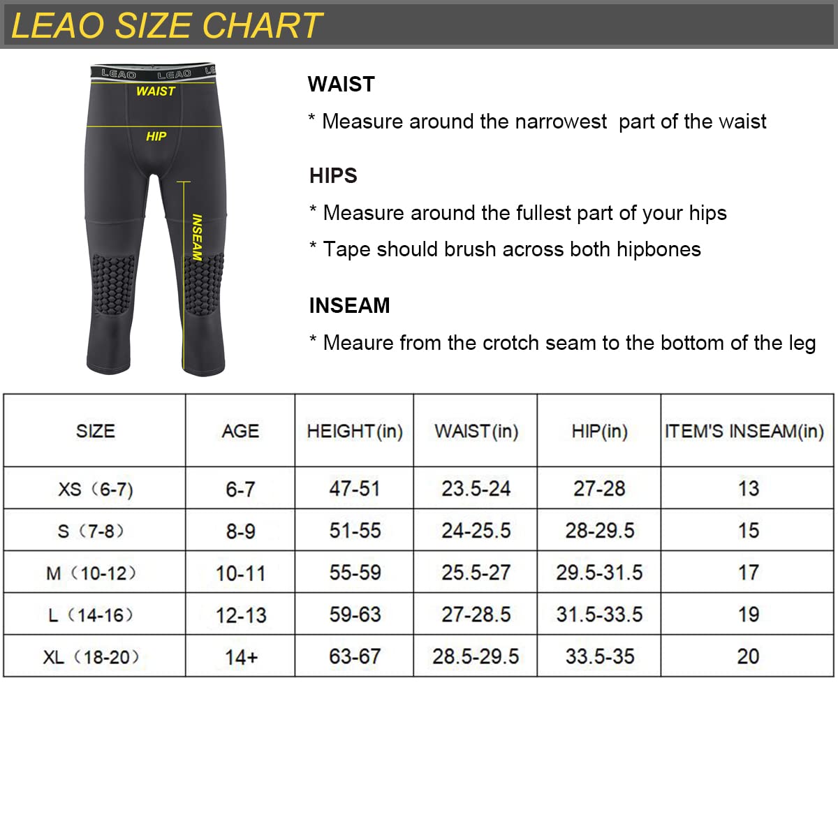 LEAO Youth Boys 3/4 Basketball Compression Pants with Knee Pads Qucik Dry Capri Compression Leggings Sports Tights Black Medium