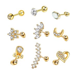 9pcs stainless steel cartilage stud earrings set moon heart barbell helix tragus cz moon belly button ring,lip ring,for women men ear body piercing jewelry-gold