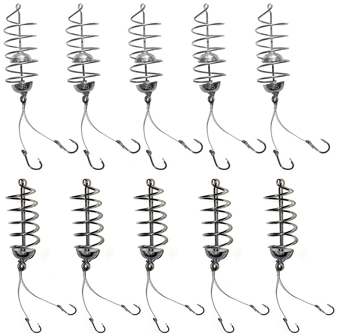 Elfishes 10pcs Carp Spring Bait Fishing Feeder Set Fishing Hooks Rig #4 #6 Coarse Terminal Tackle, Silver, 15g 25g