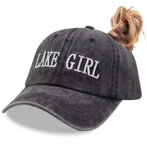 oascuver women lake girl ponytail hat, embroidery adjustable baseball cap washed distressed messy high bun ponycap …