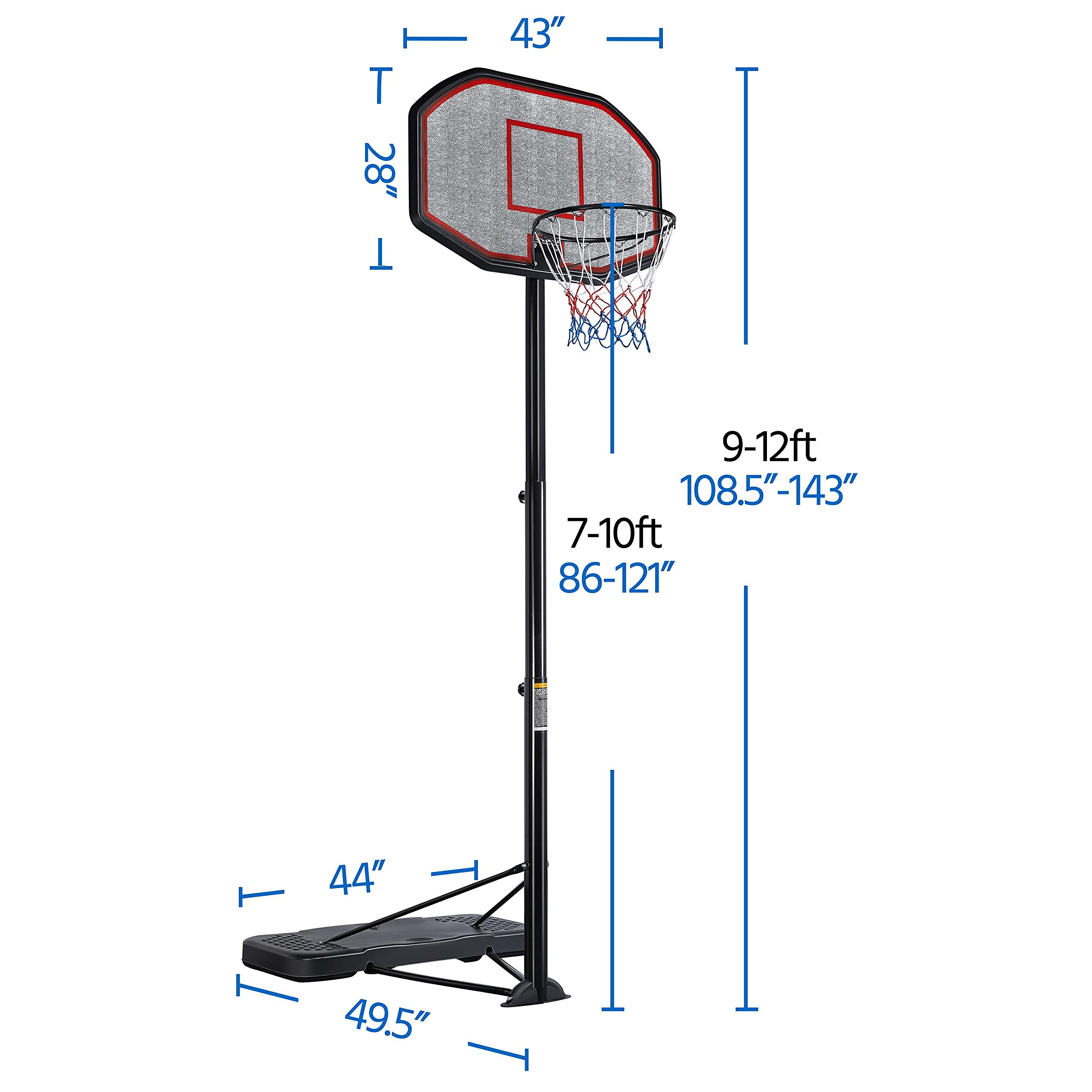 Topeakmart Youth Portable Basketball Hoop System Stand 7-10ft Height-Adjustable for Indoor Outdoor w/ 2 Wheels, Fillable Base & 43in Backboard