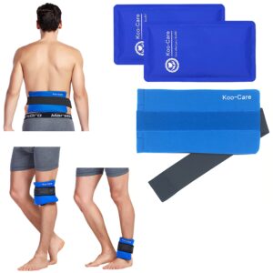 koo-care 2 gel ice pack for injuries reusable hot cold pack wrap with elastic strap - 11" x 5.9" - flexible cold compress for head shoulder arm elbow wrist back knee ankle - pain relief for migraine