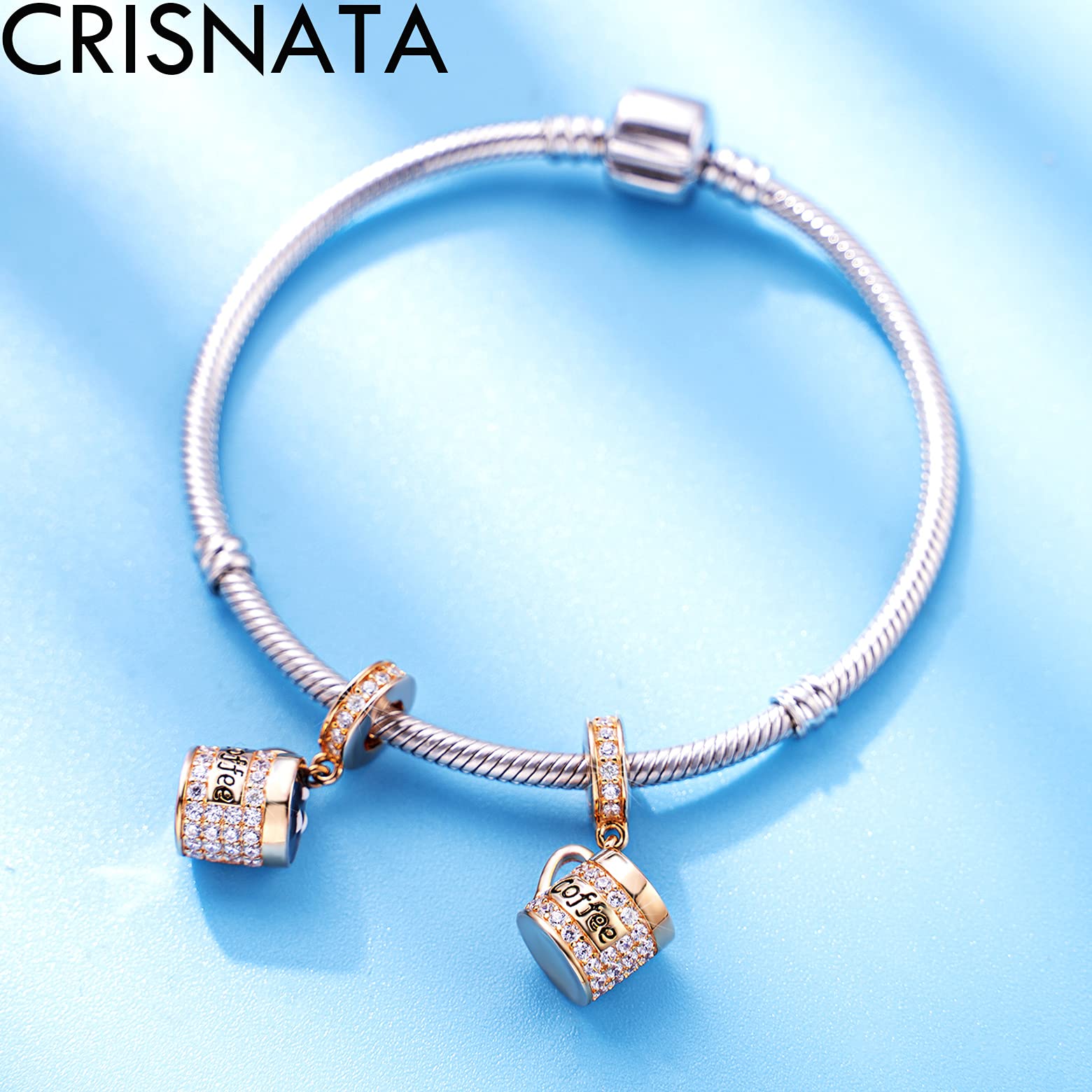 Dangle Rose Gold Coffee Cup Charms, fits Pandora Bracelet Necklace, 925 Sterling Silver I Love Coffee Mug CZ Pendant Beads, Gifts for Christmas/First Mothers Day