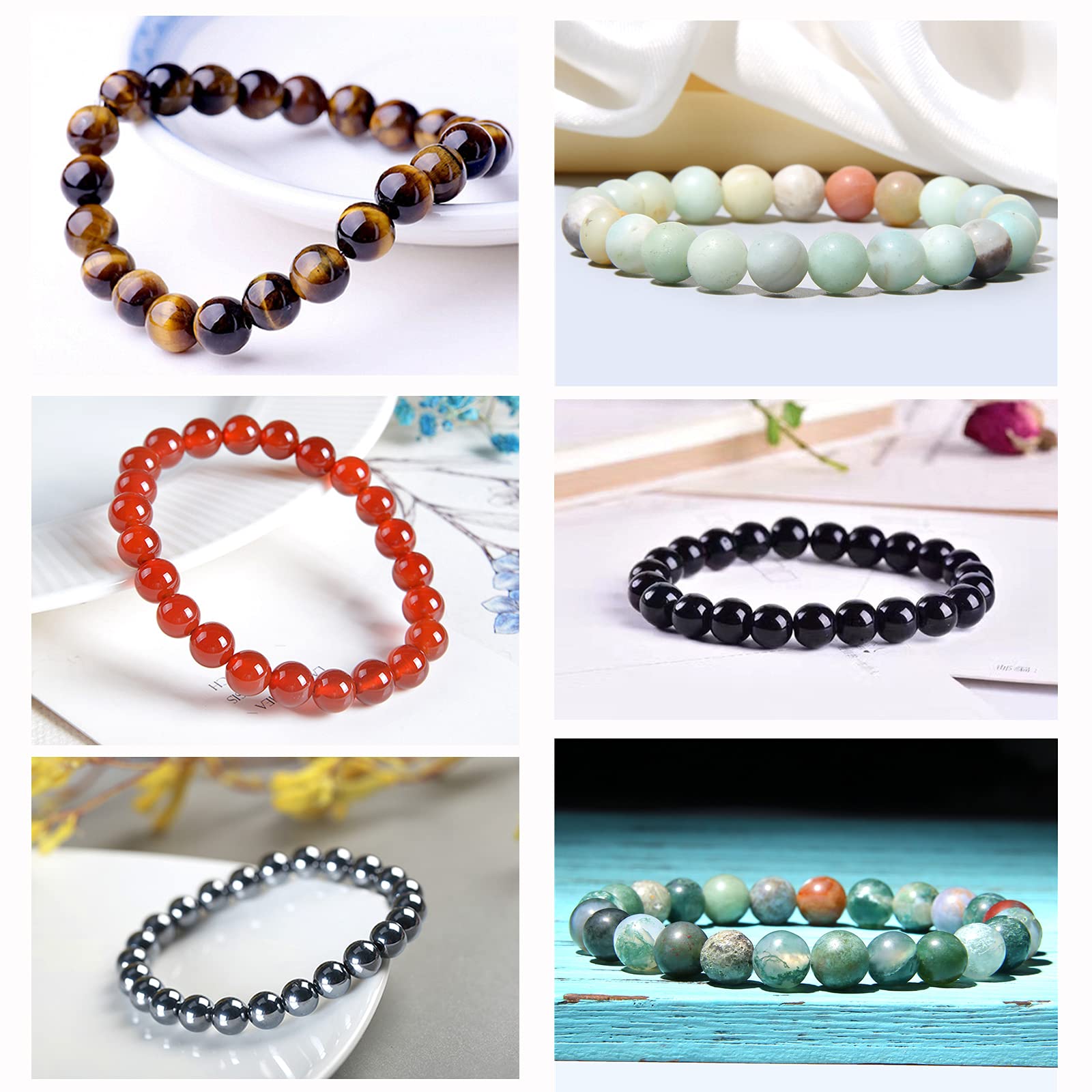 SONNYX 12 PCS 8mm Semi-Precious Gemstone Bracelet Set Crystal Stone Stretch Bracelets for Women Men Round Beaded Elastic Bracelets