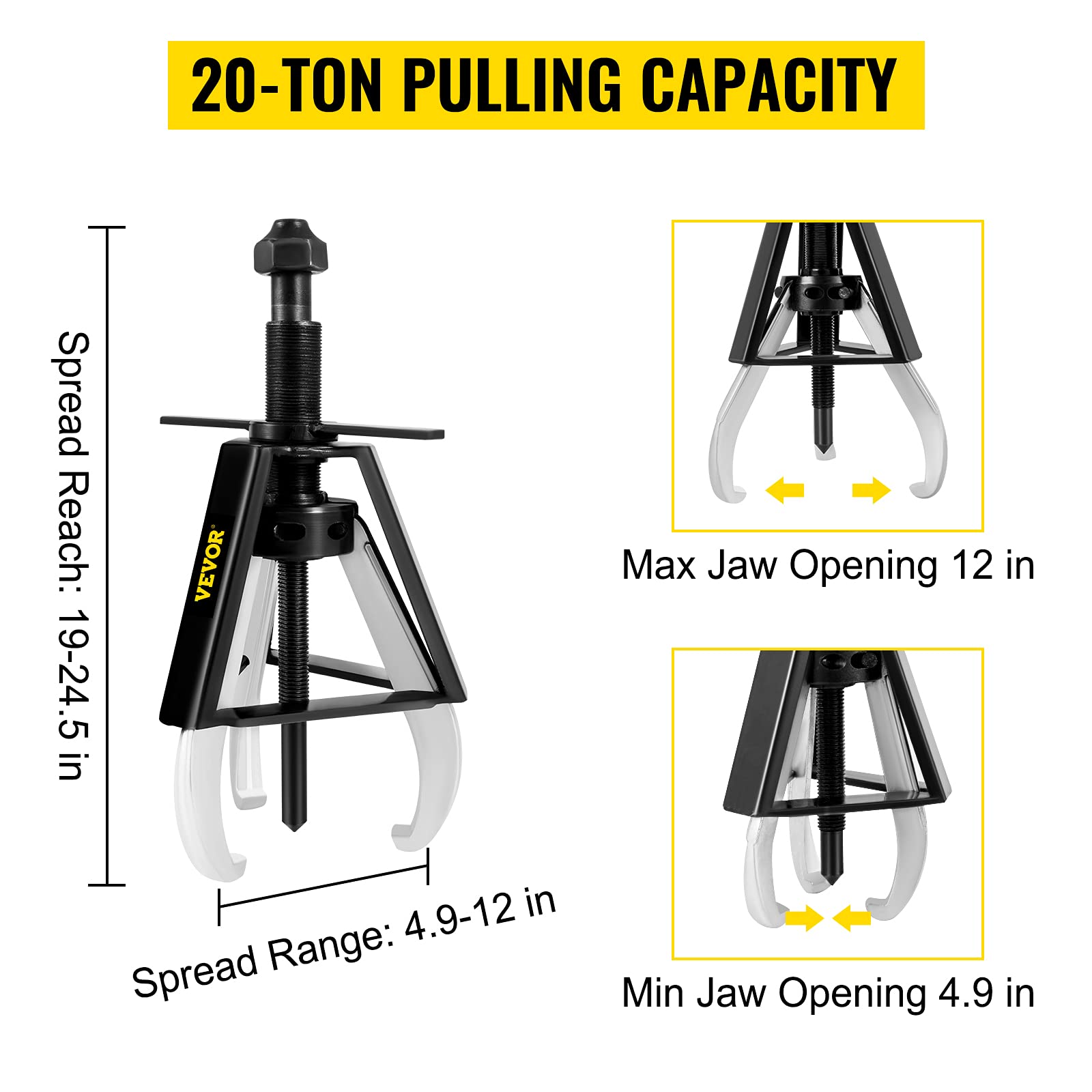 VEVOR 3 Gear Jaw Puller, 20 Ton/44080 LBS Capacity Manual Puller, 19" - 24.5" Spread Reach and 4.9" - 12" Spread Range, 20" Lead Screw Length Gear Removal Tools For Slide Gears, Pulleys, and Flywheels