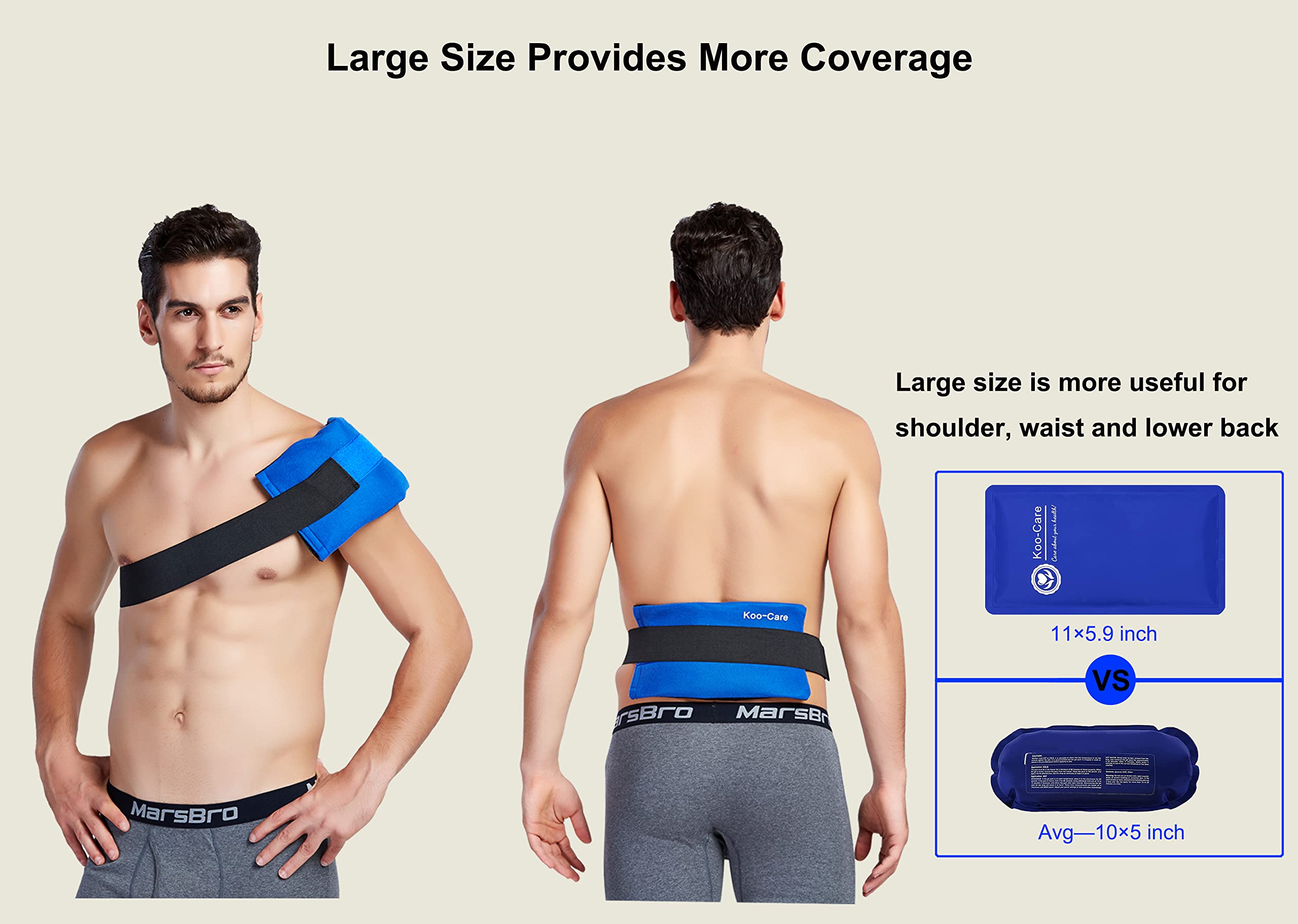 Koo-Care 2 Gel Ice Pack for Injuries Reusable Hot Cold Pack Wrap with Elastic Strap - 11" x 5.9" - Flexible Cold Compress for Head Shoulder Arm Elbow Wrist Back Knee Ankle - Pain Relief for Migraine