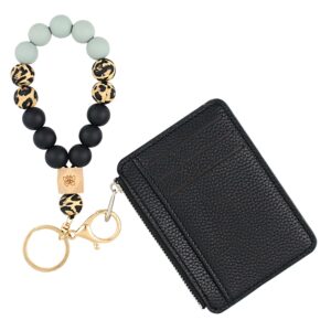 viqwyic wristlet bracelet keychain with wallet for women, silicone beaded keychain bangle car key rings card holder (black)